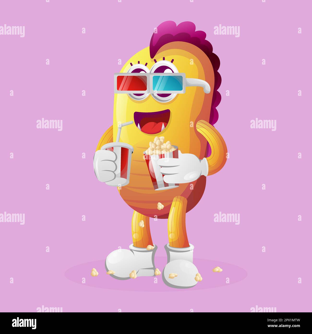 Cute yellow monster watching movie with holding soda and popcorn ...