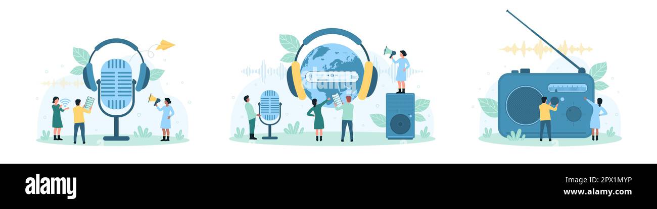 Radio podcasts, broadcast set vector illustration. Cartoon tiny people ...