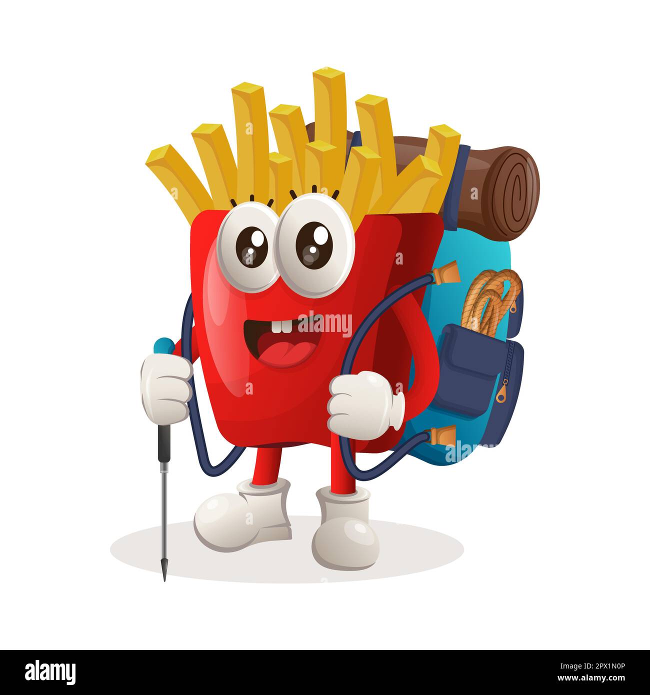 Cute french fries mascot adventure trekking. Perfect for food store ...