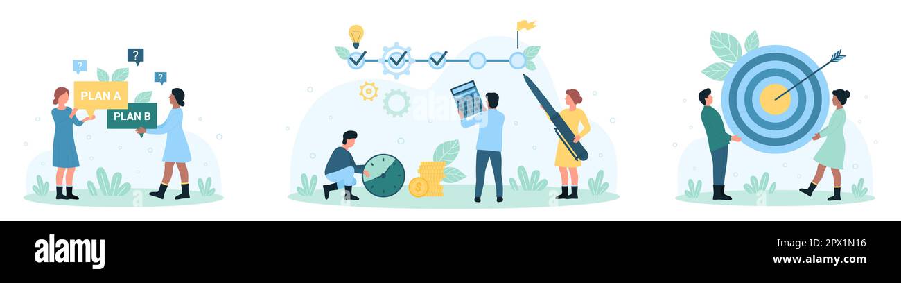 Business solution and goals set vector illustration. Cartoon tiny ...
