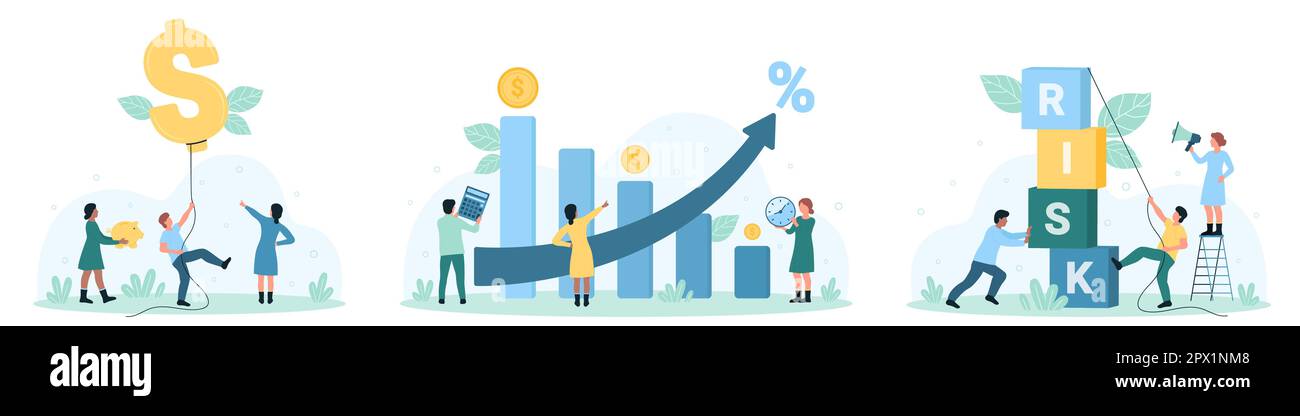 Financial risks set vector illustration. Cartoon tiny investor holding ...