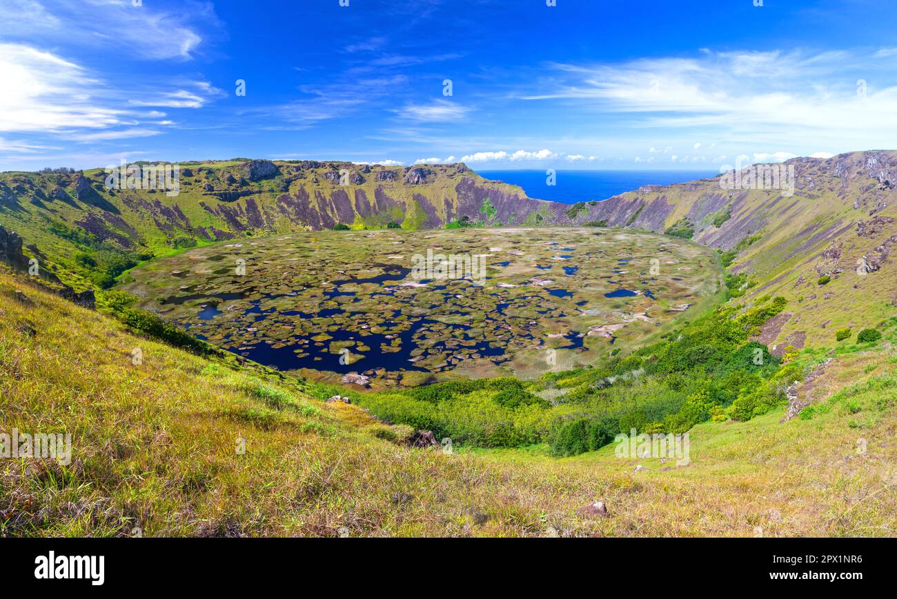 Rano Kau Extinct Volcano Crater Rim Panoramic Landscape. Green Wetland ...