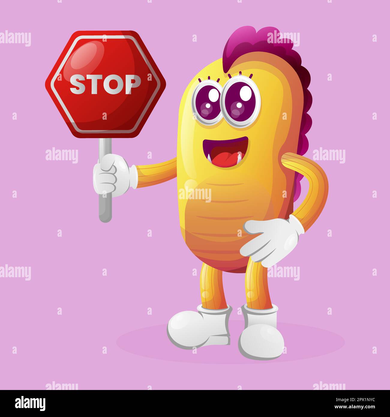 Cute yellow monster holding stop sign, street sign, road sign. Perfect ...