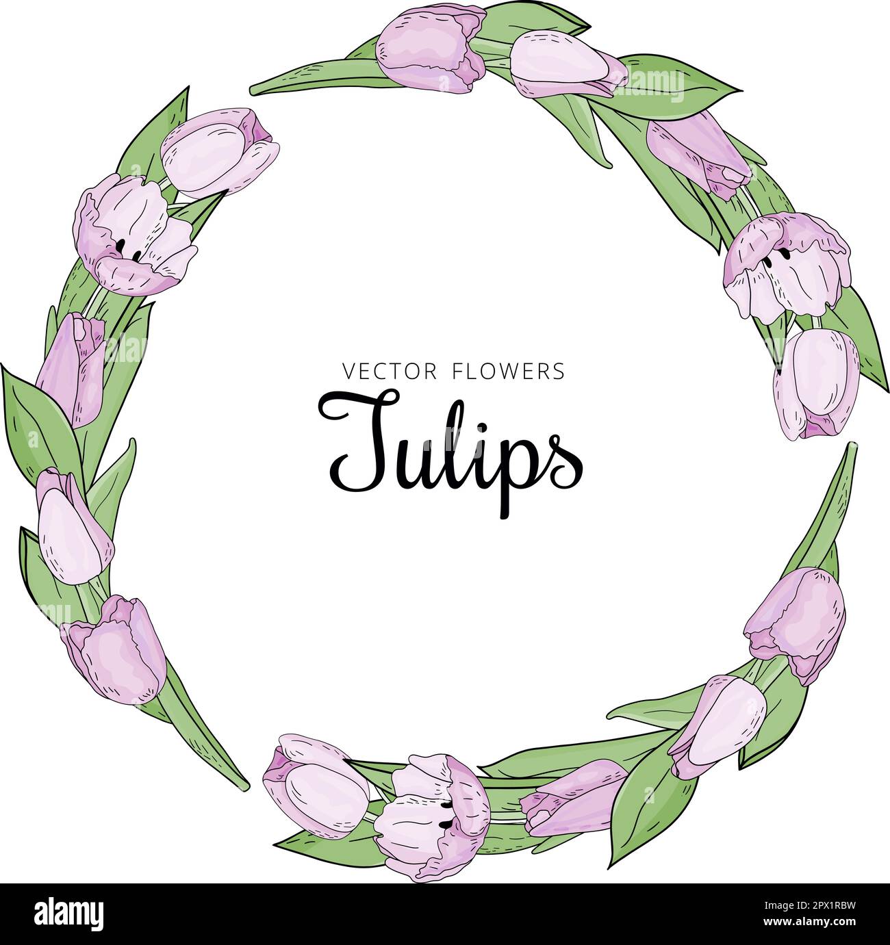 Hand drawn vector floral frame with pink flowers tulips, branch and ...