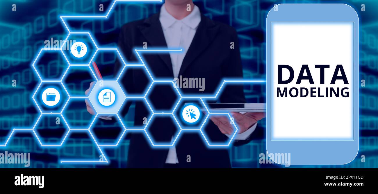 Text showing inspiration Data Modeling, Business overview process of transferring data between ...