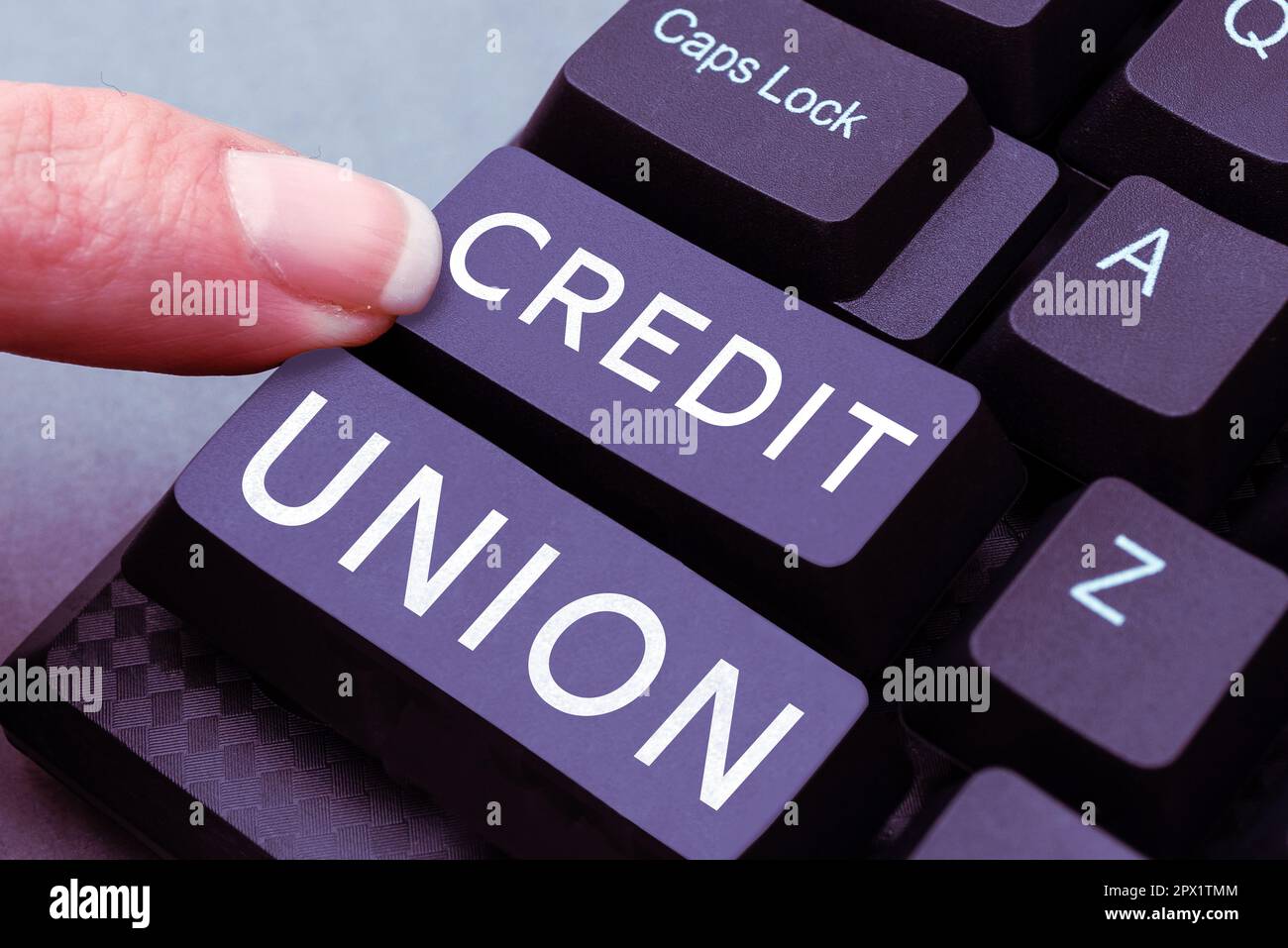 Hand writing sign Credit Union, Word for cooperative association that ...