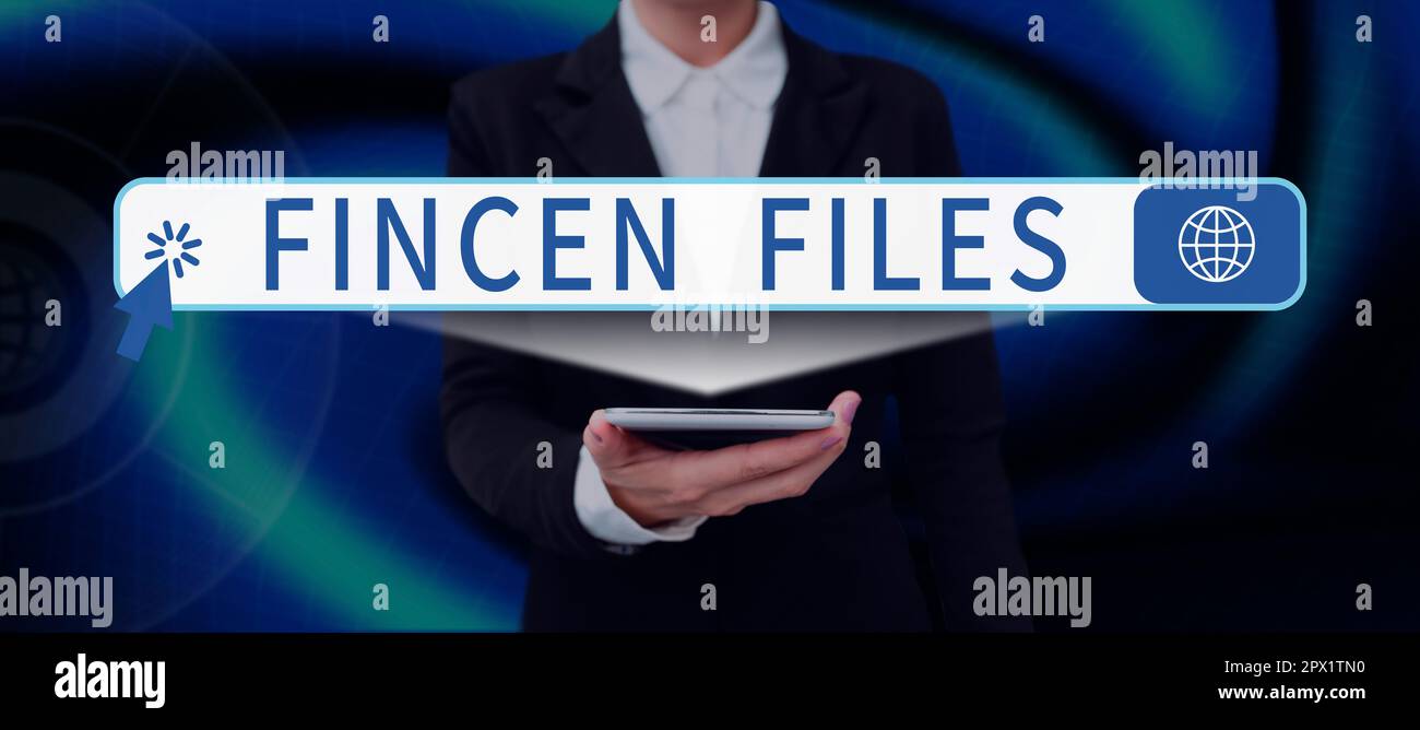 Sign displaying Fincen Files, Word Written on Transactions in financial ...