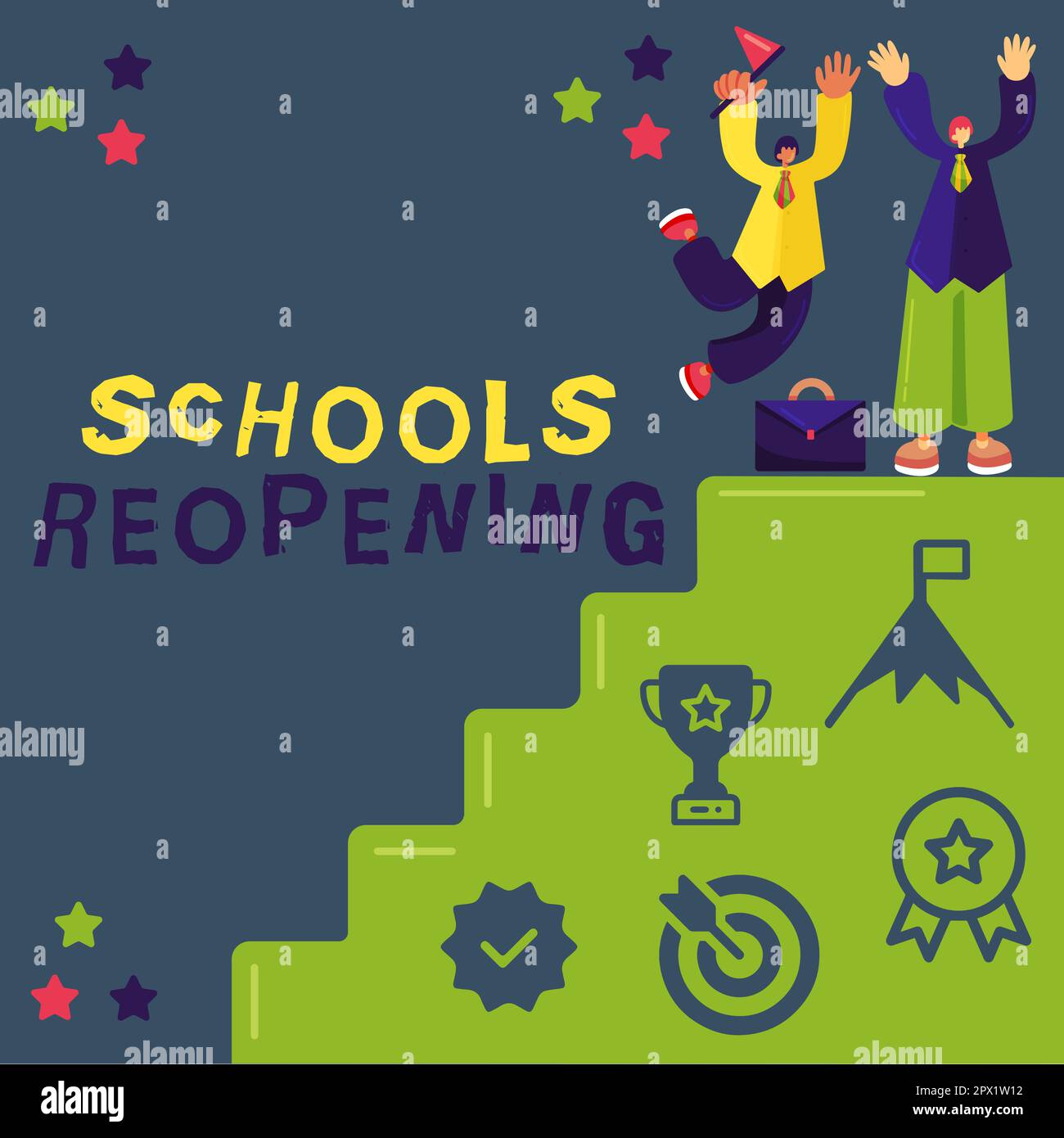 Hand writing sign Schools Reopening, Business overview classes are over ...