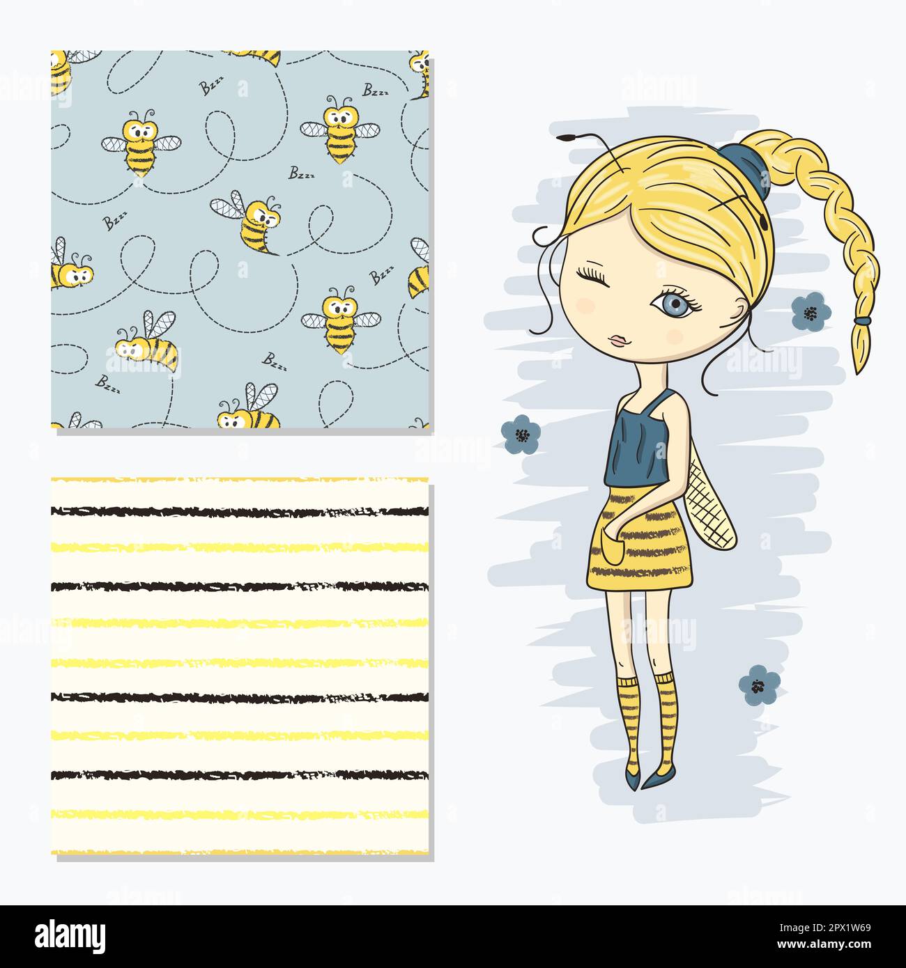 Cute little girl in a bee costume. Fashion print set with seamless ...