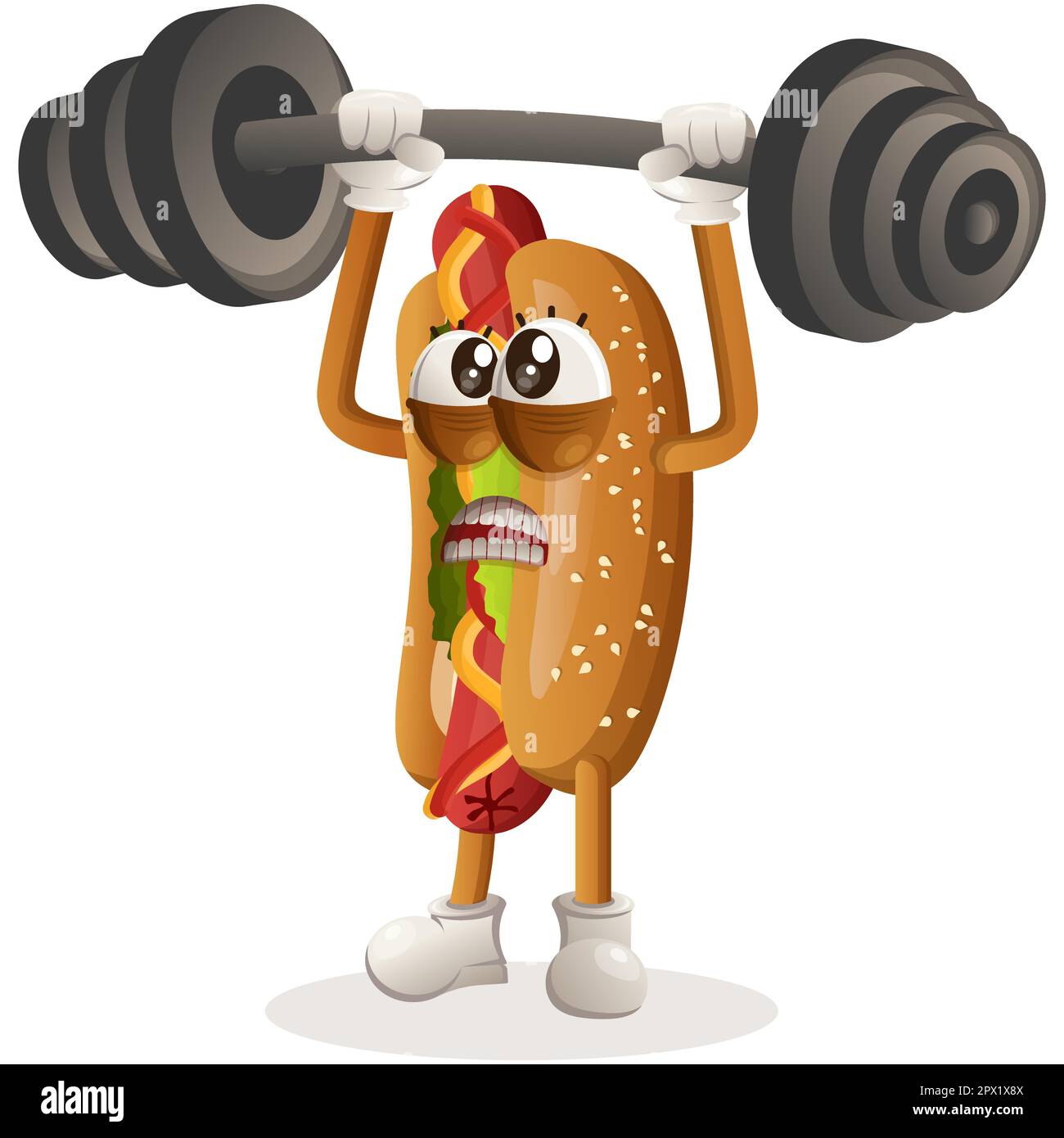 Cute hotdog mascot bodybuilding with barbell flexing muscles. Perfect ...