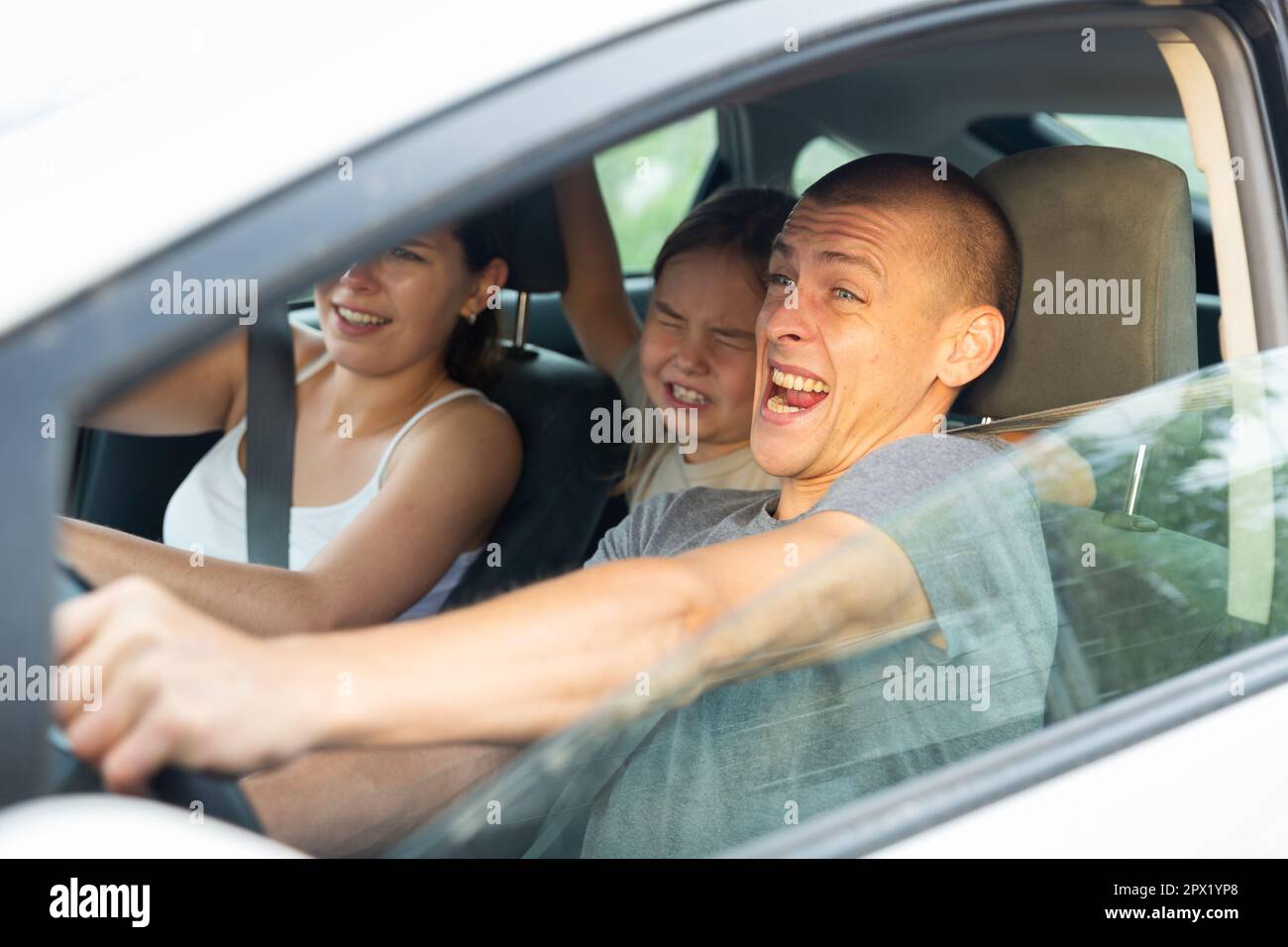 Driver and passengers scared screaming in the car before accident. Road ...