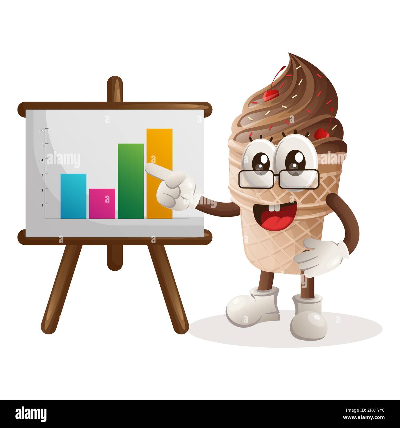 Cute ice cream mascot gives report presentation, shows column graphics ...