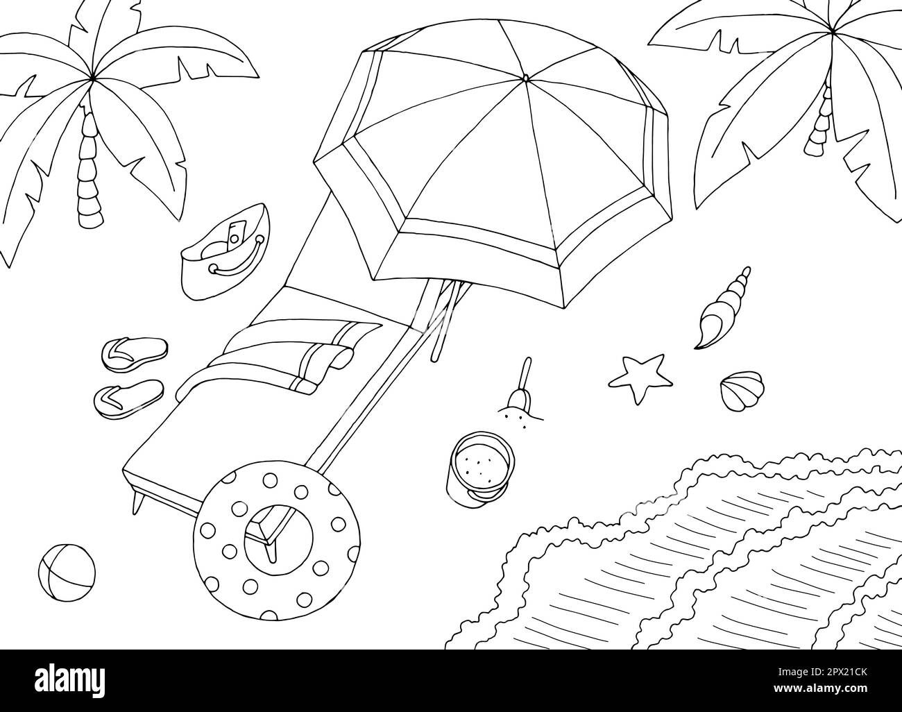 Beach view from above top graphic black white landscape sketch ...