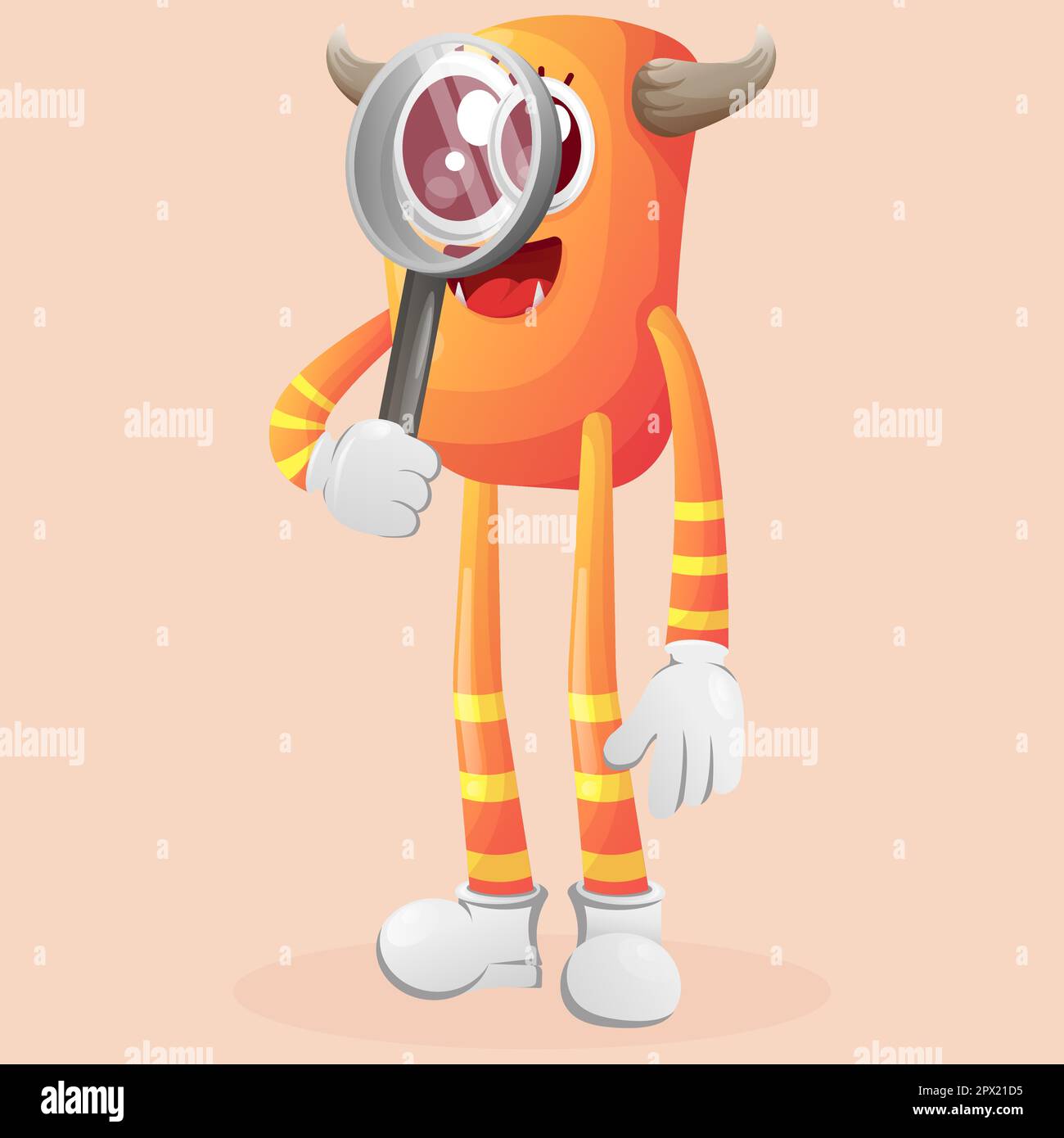 Cute orange monster conducting research, holding a magnifying glass ...