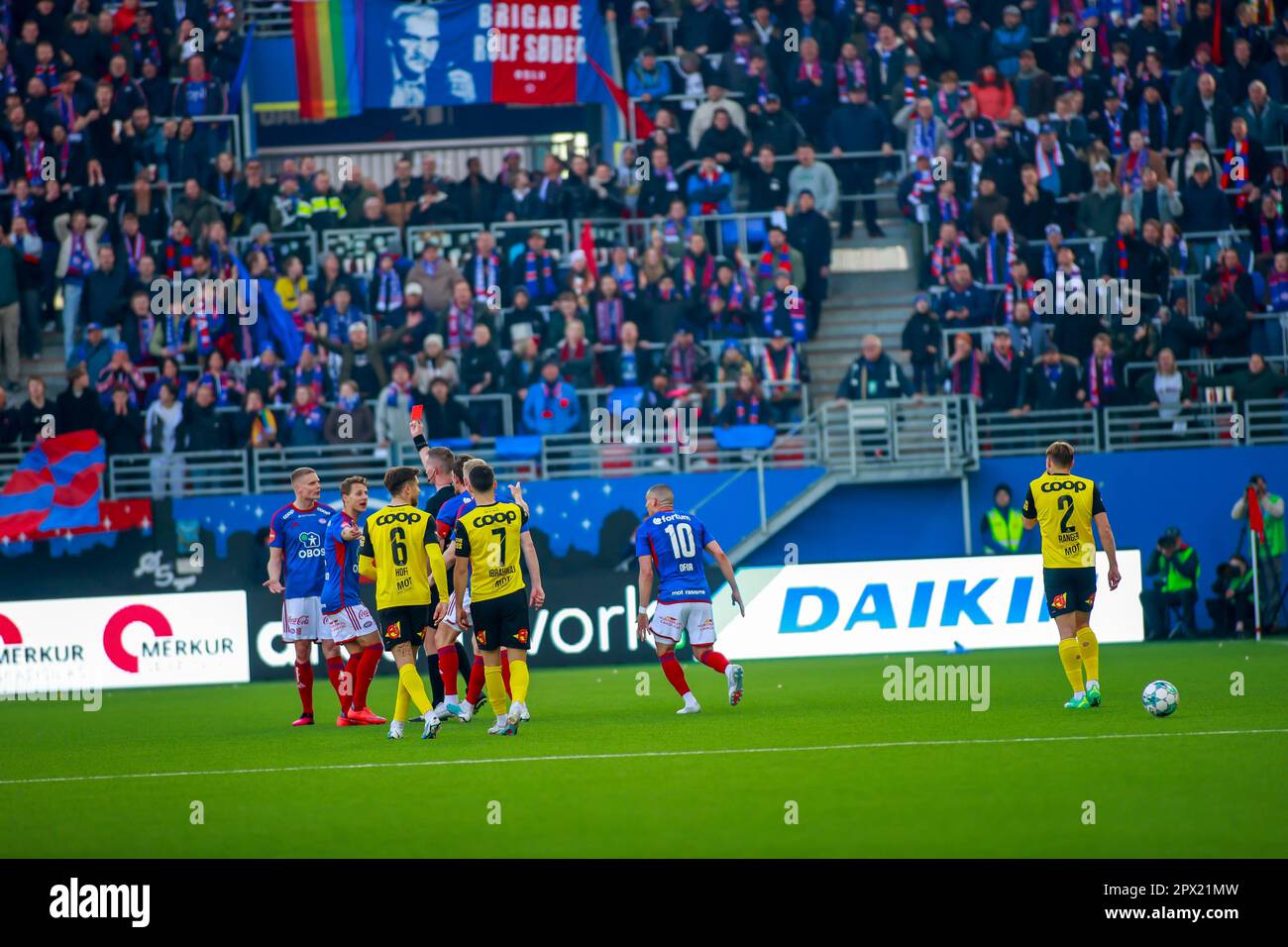 Oslo, Norway, 1st May, 2023. Vålerenga's Simen Juklerød is shown a game ...