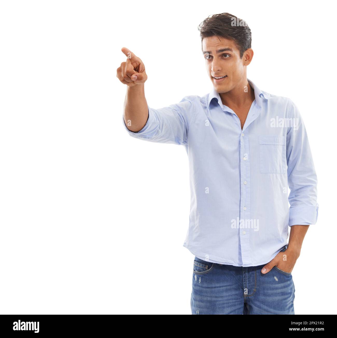 Thats the way we need to go. A handsome young man pointing his finger ...