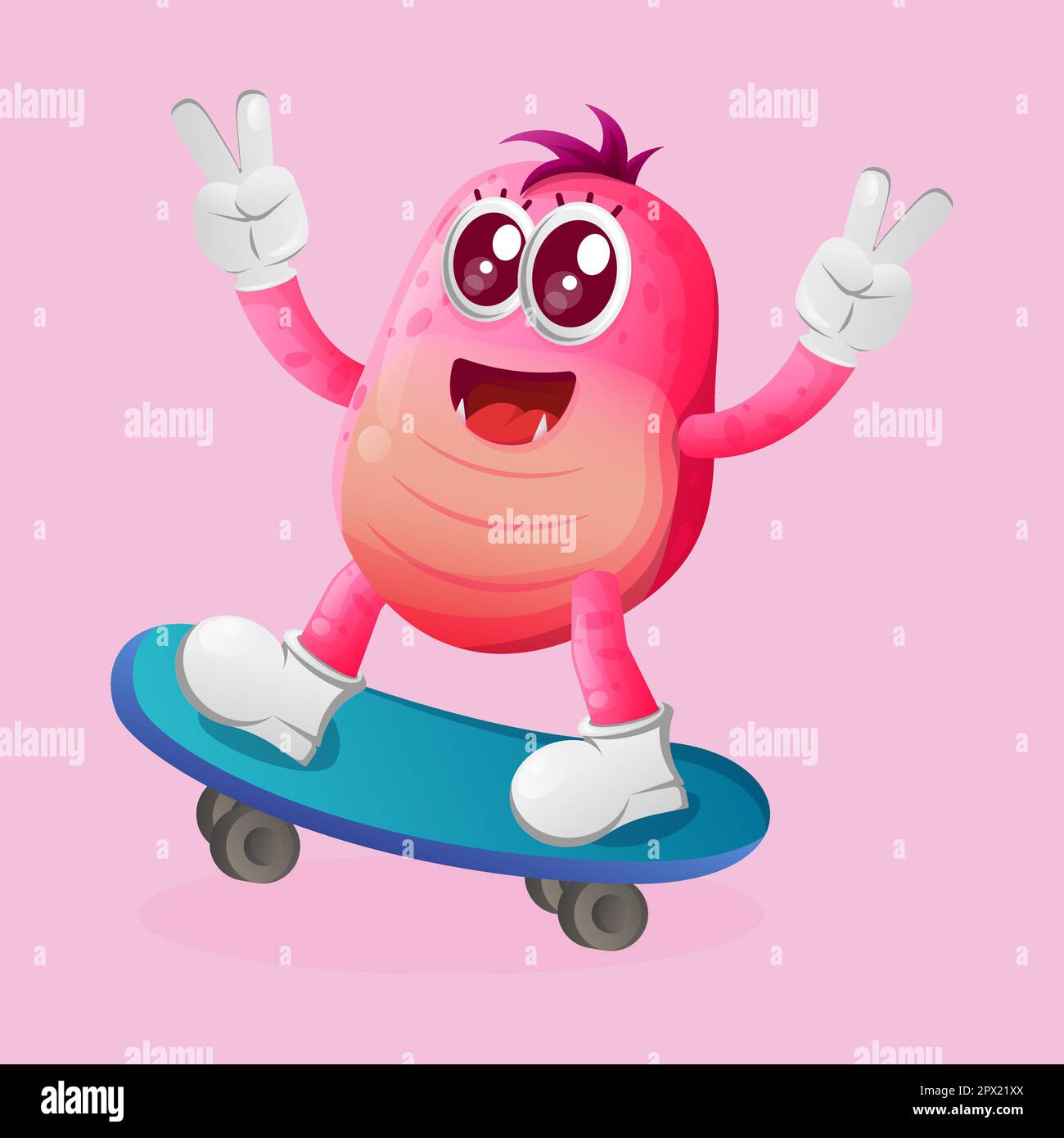 Cute pink monster playing skateboard, skateboarding. Perfect for kids ...