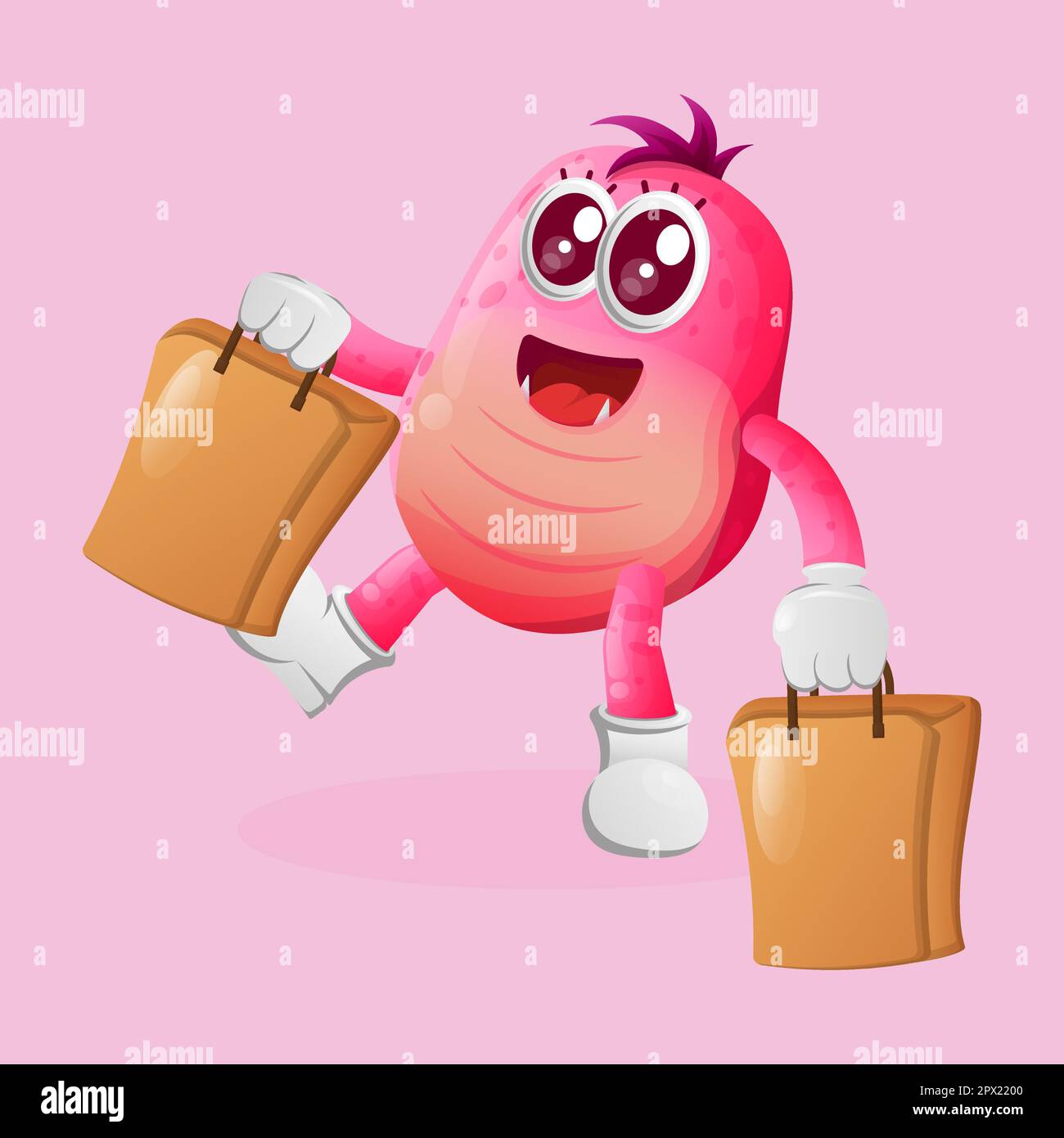 Cute pink monster happy shopping. Perfect for kids, small business or e ...