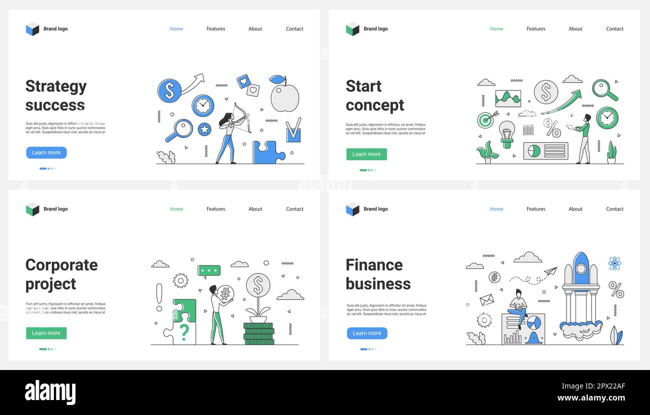 Business startup, success strategy set vector illustration. Cartoon tiny people shoot bullseye ...