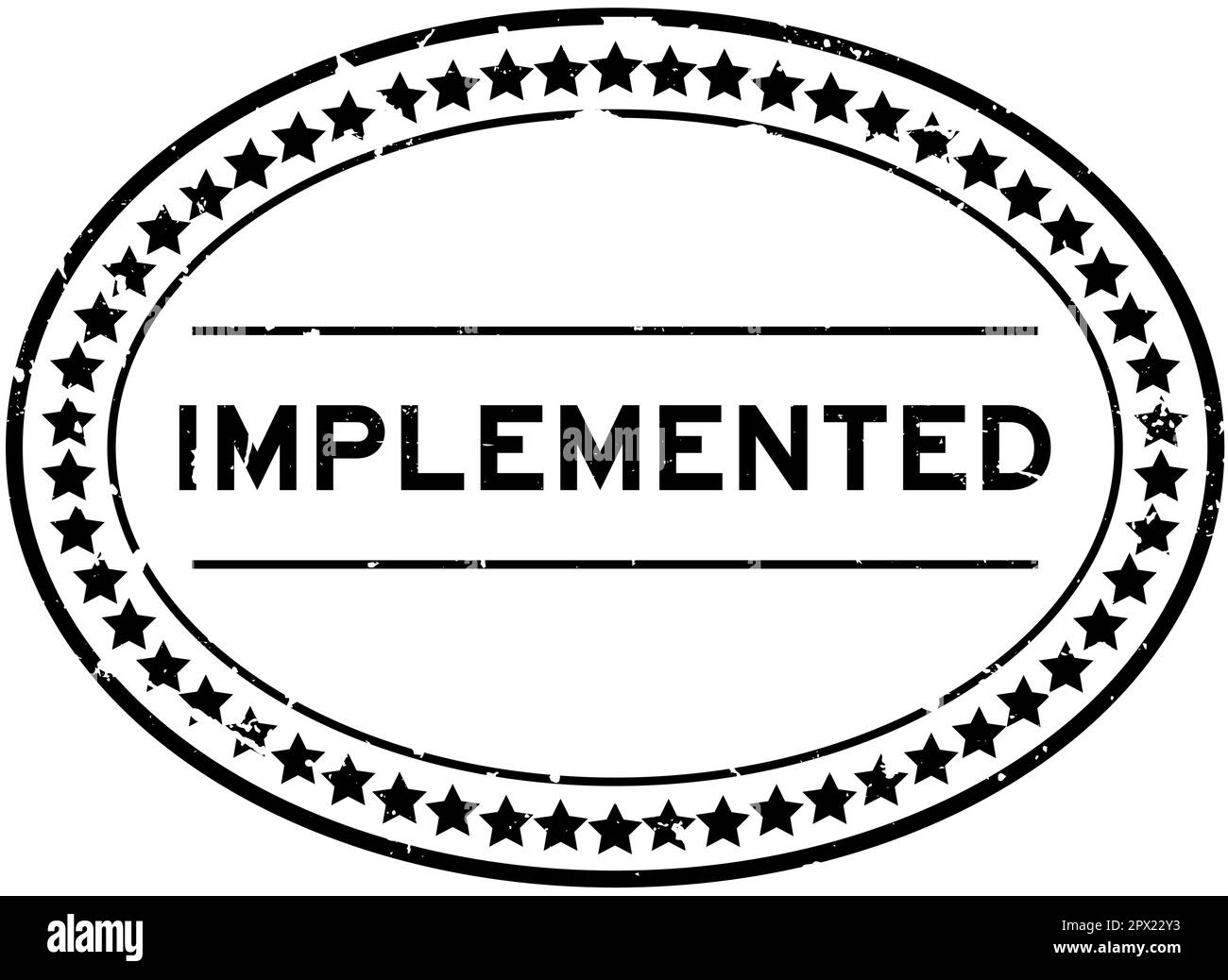 Grunge black implemented word oval rubber seal stamp on white ...