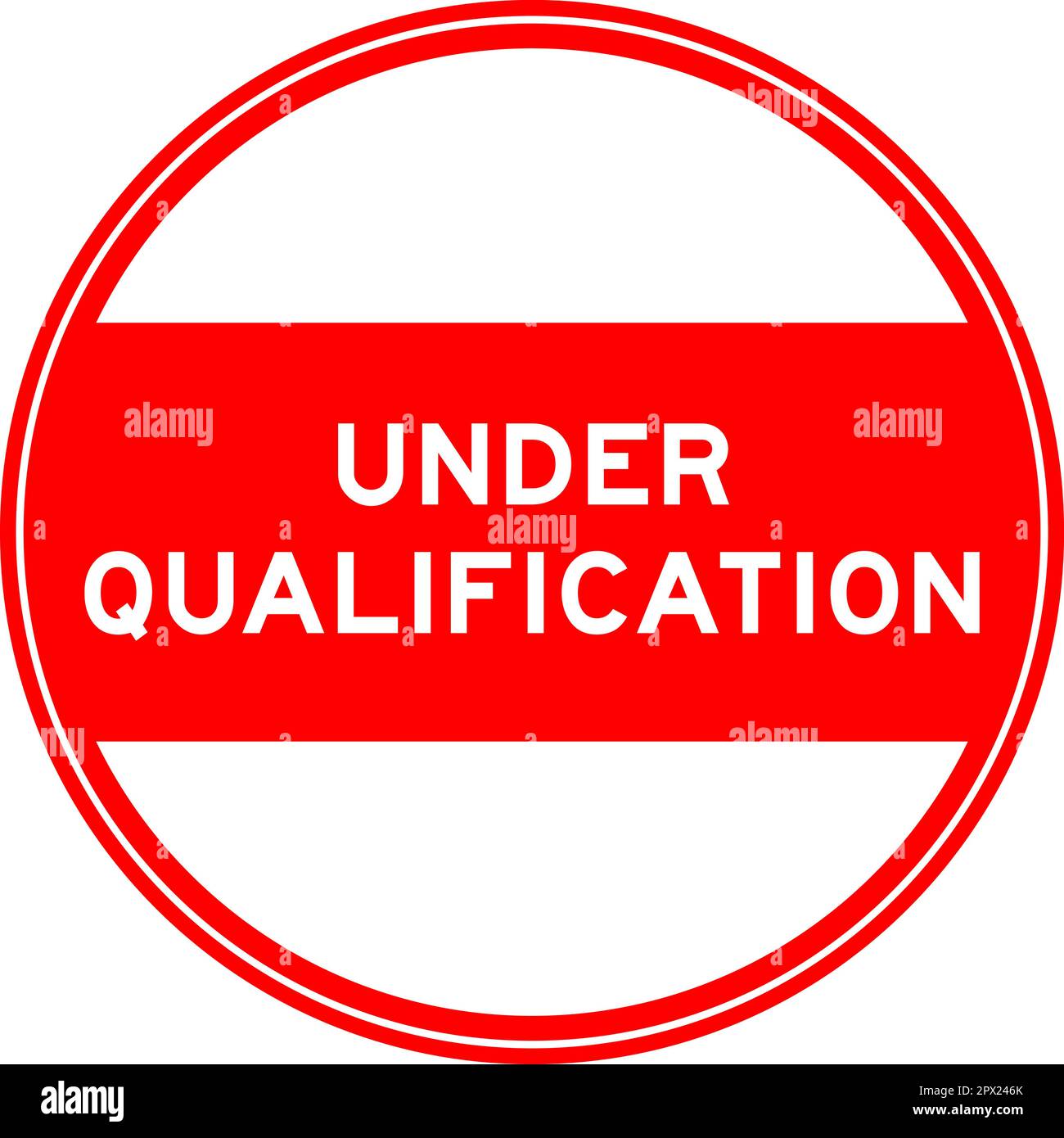 Red color round seal sticker in word under qualification on white ...