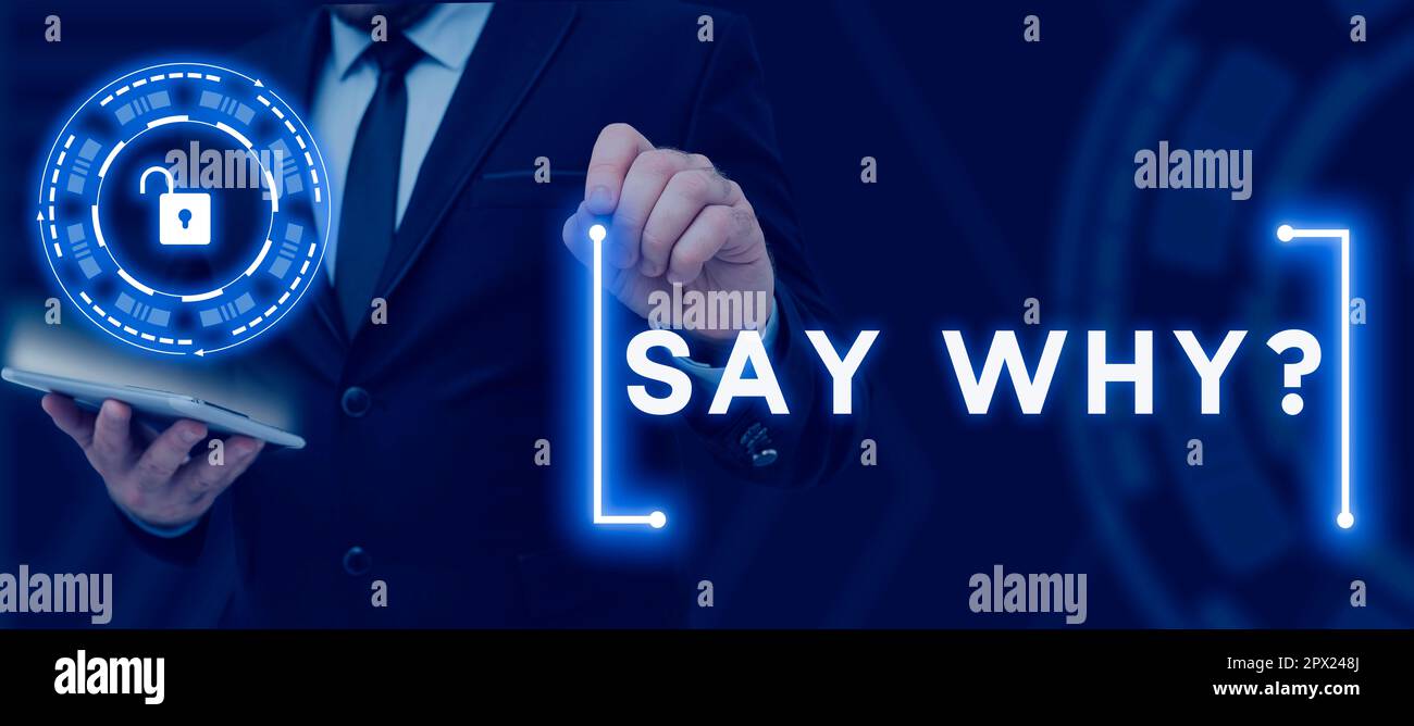 Writing displaying text Say Why, Business showcase Give an explanation ...
