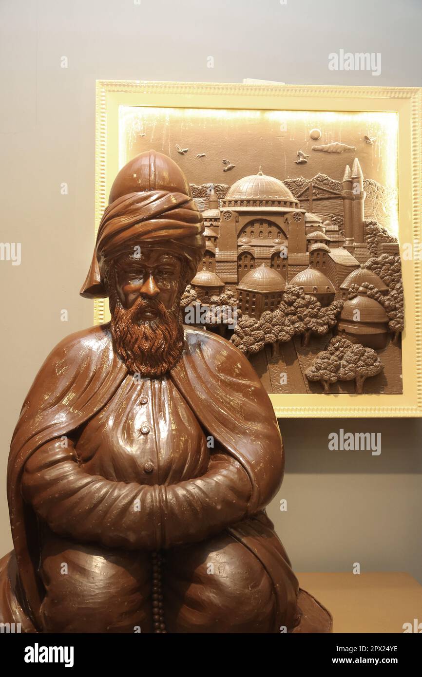 ISTANBUL, TURKEY - FEBRUARY 12: Chocolate design of Mevlana Celalettin ...