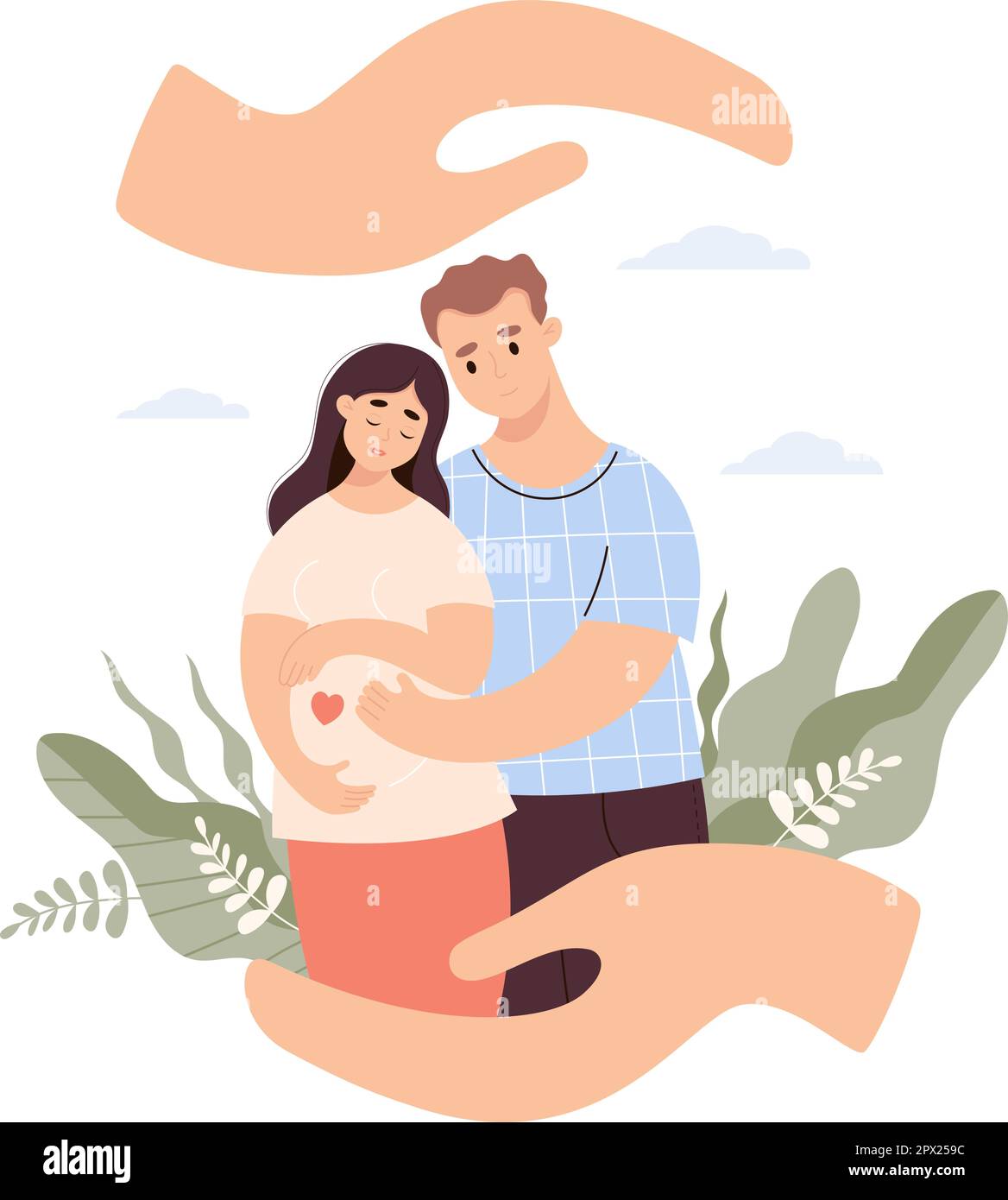 Happy family expecting baby. Hands protect cute pregnant woman and ...