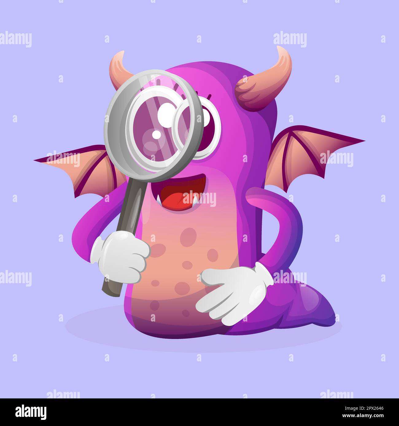 Cute purple monster conducting research, holding a magnifying glass ...