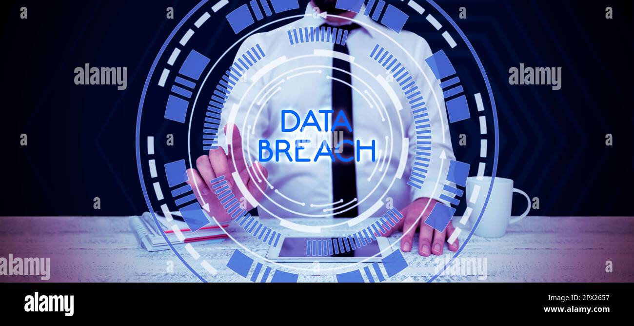 Hand writing sign Data Breach, Word for security incident where ...
