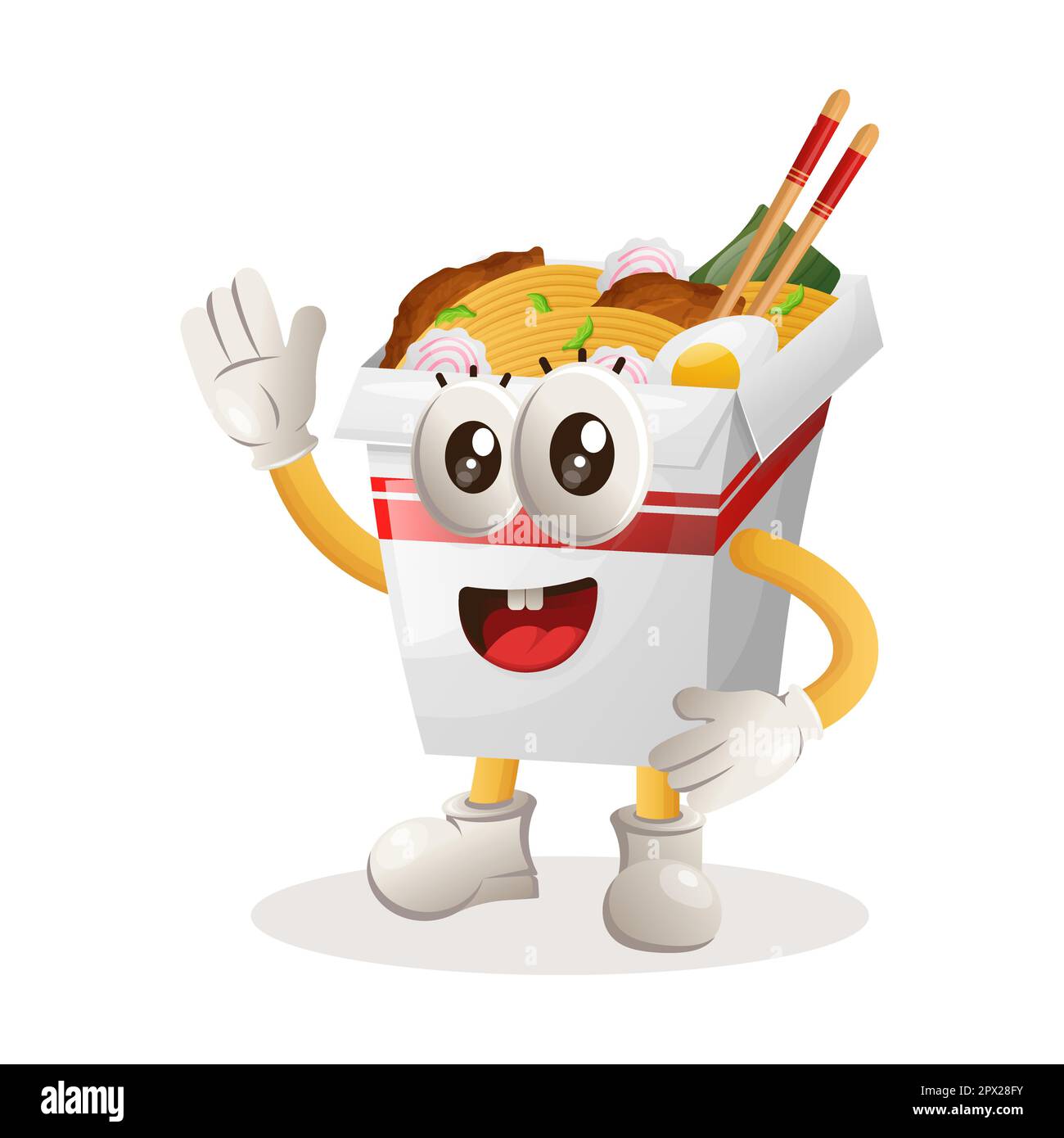 Cute ramen mascot waving hand. Perfect for food store, small business ...