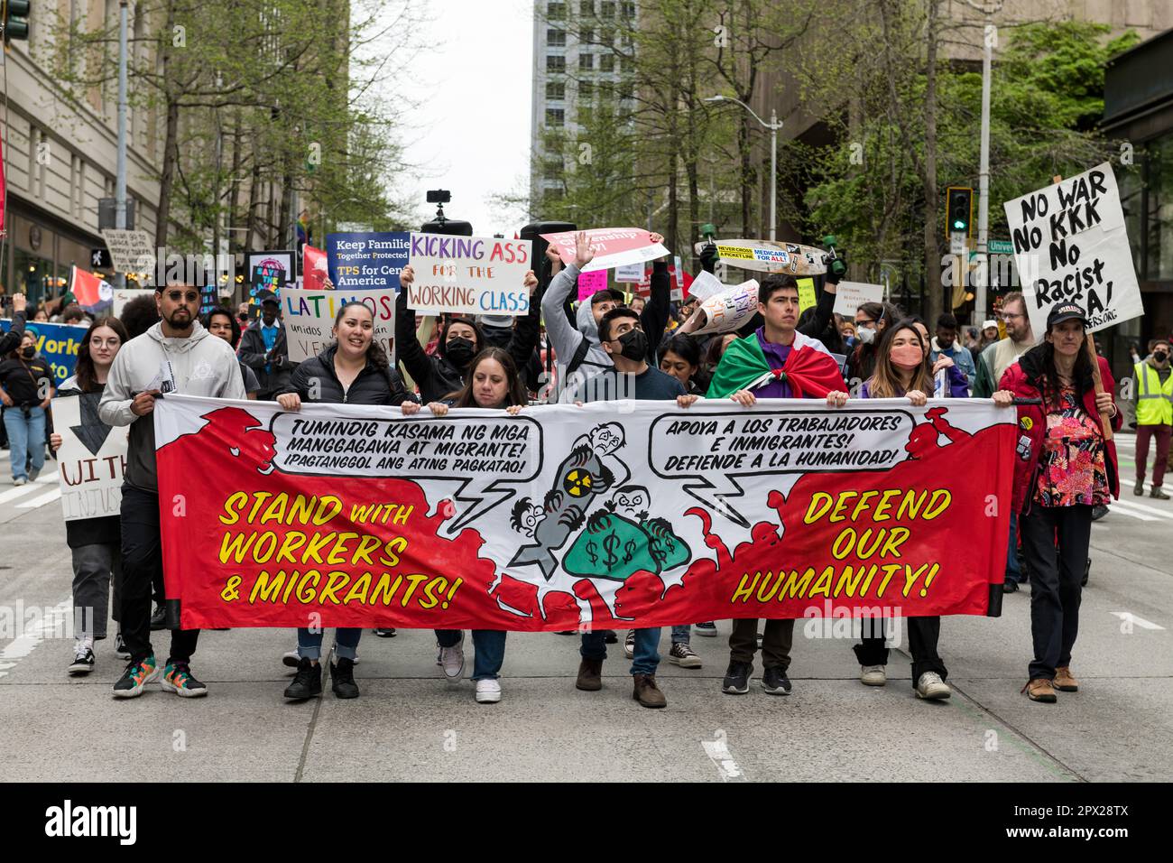 Seattle, USA. 1 May, 2023. Workers rallying at the federal building ...