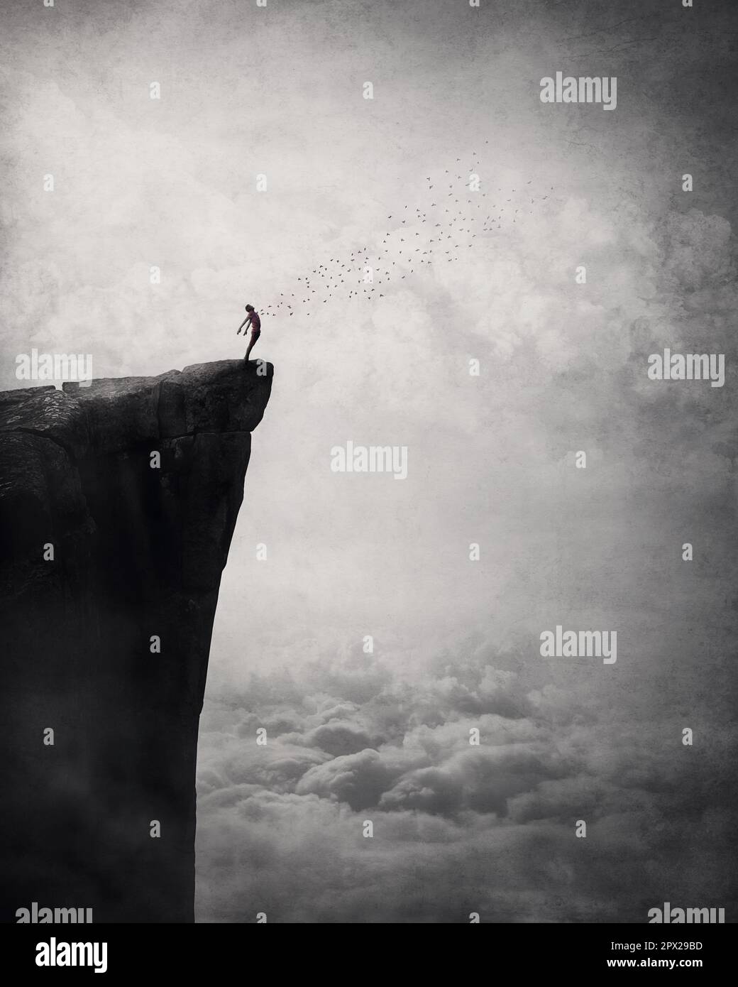 Freedom and liberty conceptual scene. Man on the edge of a cliff self ...