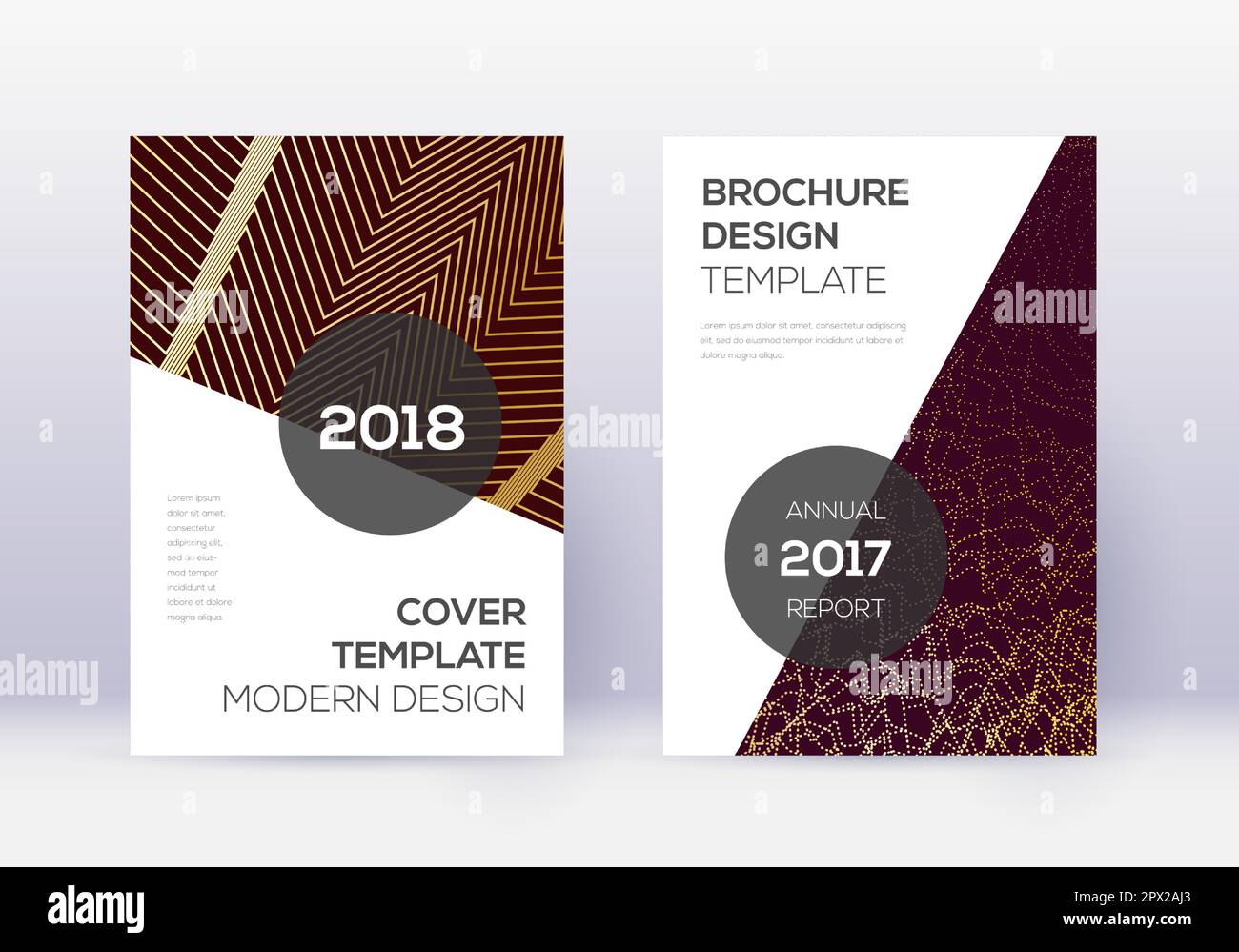 Modern cover design template set. Gold abstract lines on maroon ...