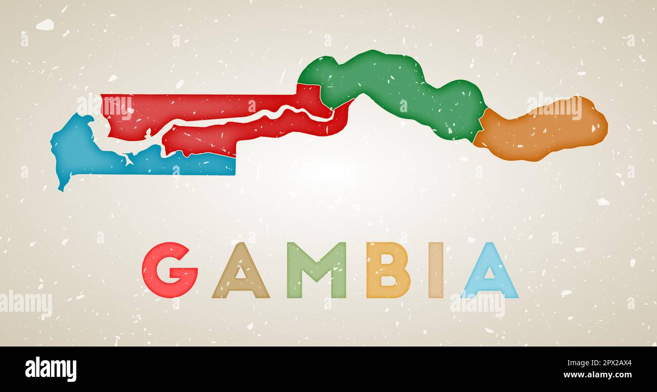 Gambia map. Country poster with colored regions. Old grunge texture ...