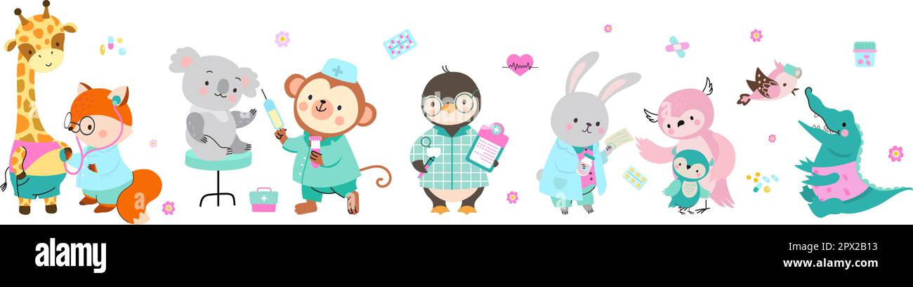 Animal doctors and patients. Cute sick koala and giraffe, tiny owl with ...