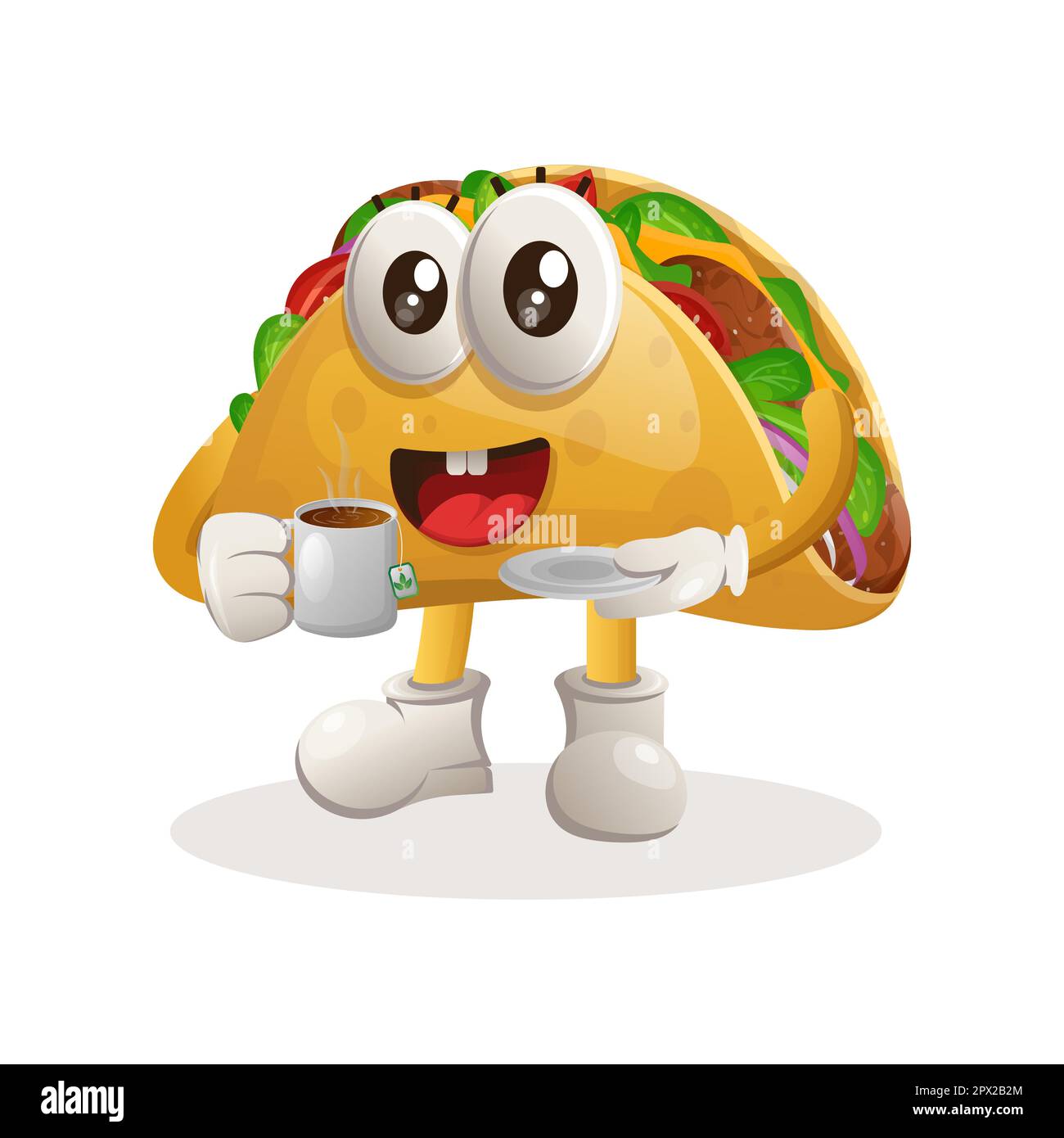 Cute taco mascot drinking tea, tea time. Perfect for food store, small ...
