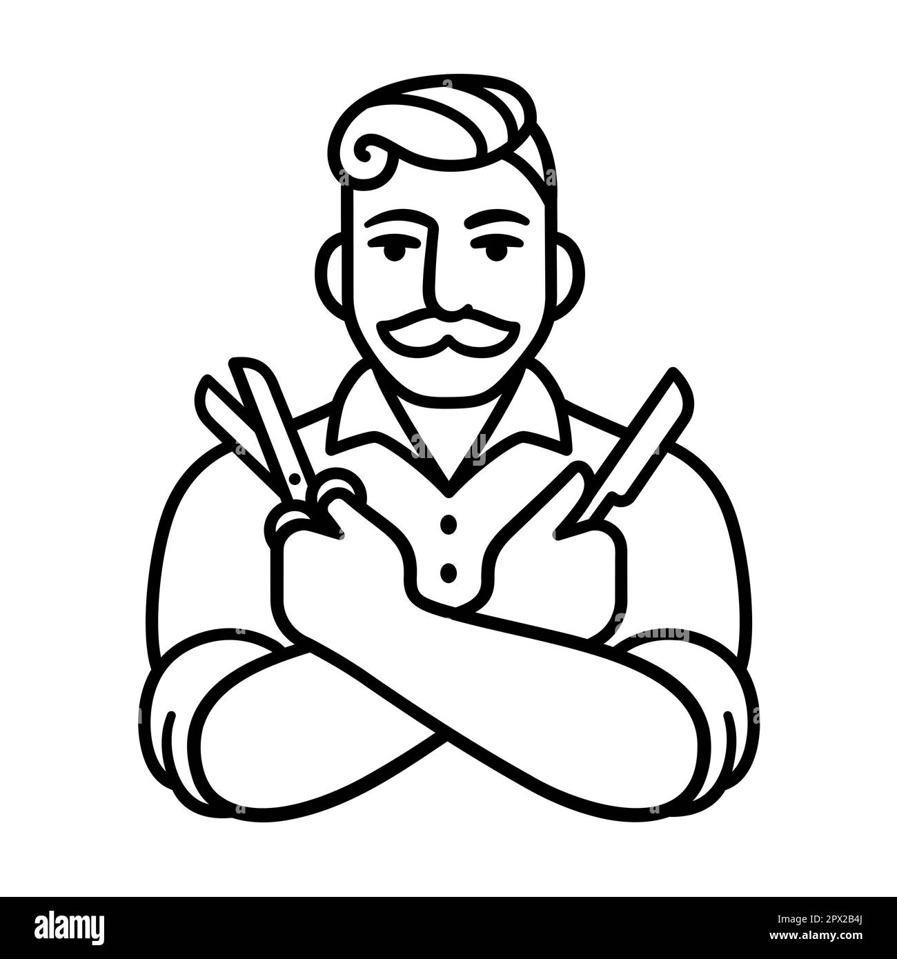 Retro style Barber man with scissors and shaving blade. Stylized black ...