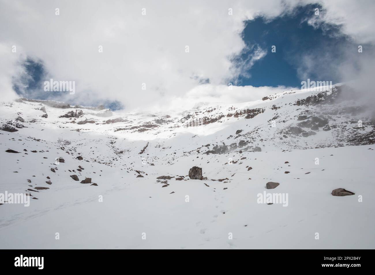 details of cold zone on top of a mountain with snow, rocks and sky with ...