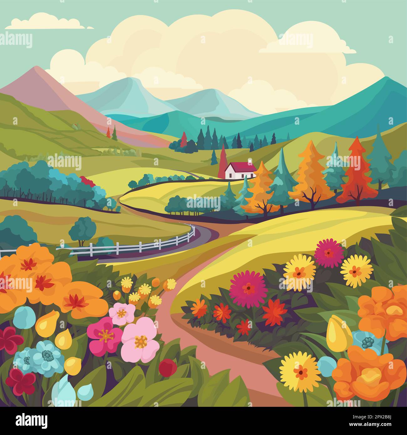 Fields Landscape Flowers Farm House Background Stock Vector Image And Art Alamy