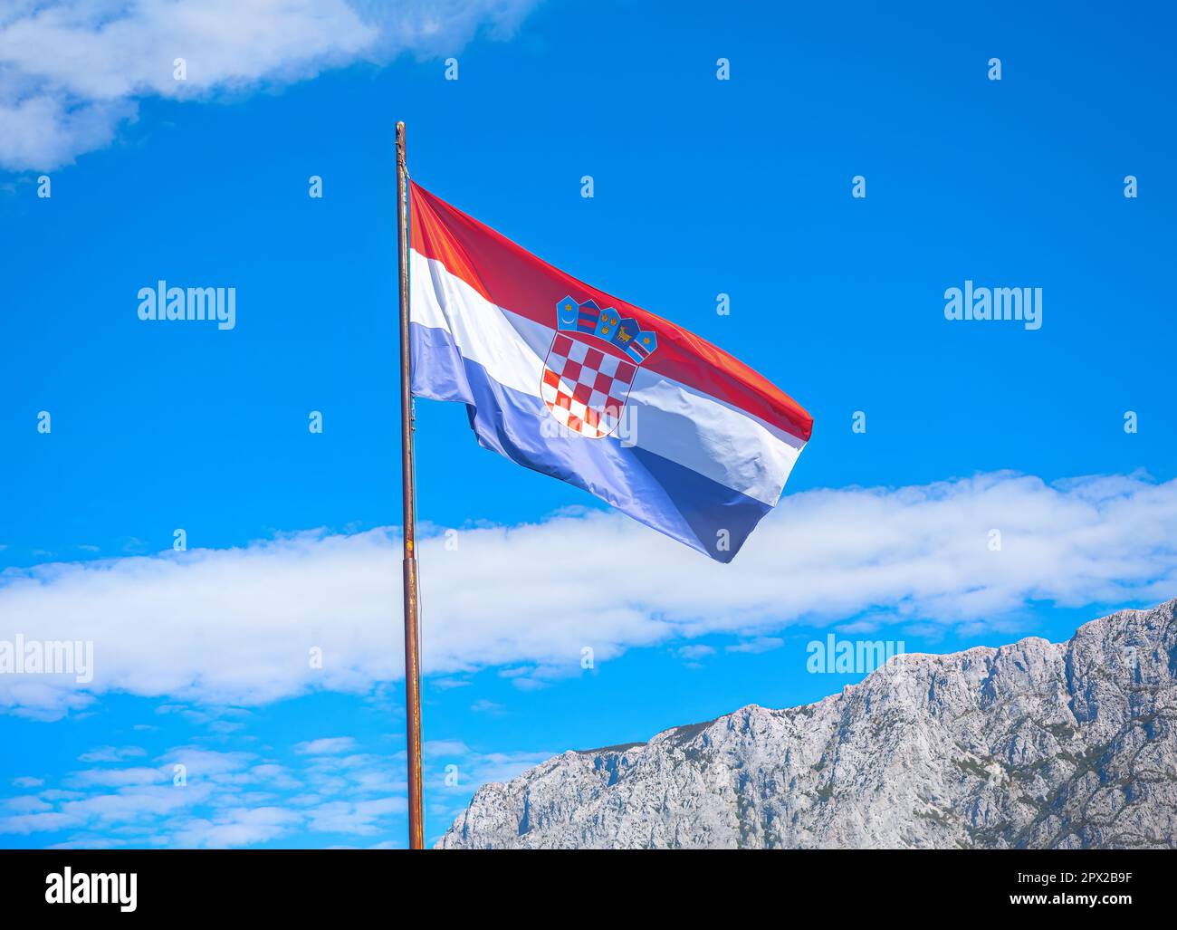 Croatia flag over Balkans Mountains . European country flag Stock Photo ...