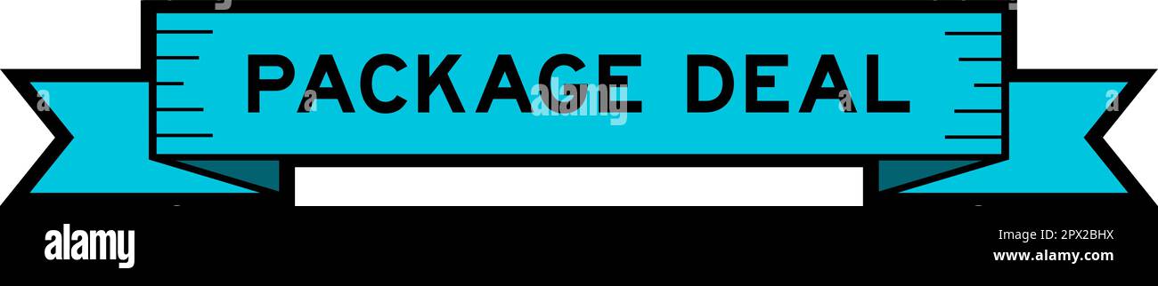 Ribbon label banner with word package deal in blue color on white ...
