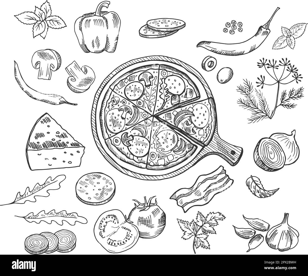 Italian pizza doodle ingredients. Pizzeria food elements sketch, tomato ...