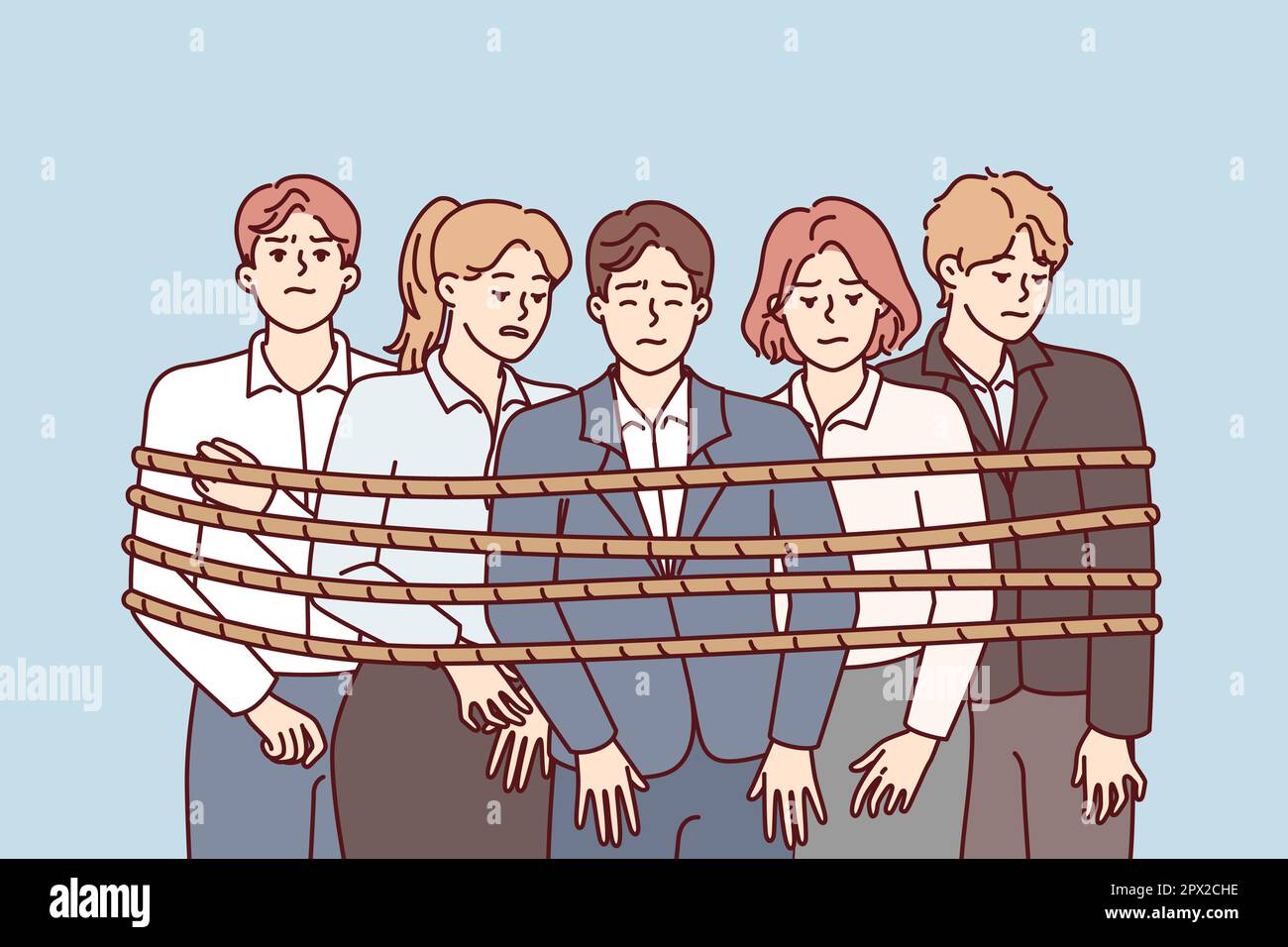 People in office suits tied with rope stand with unhappy face and are ...