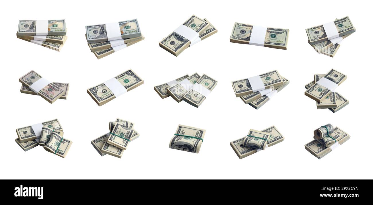 Big set of bundles of US dollar bills isolated on white. Collage with ...