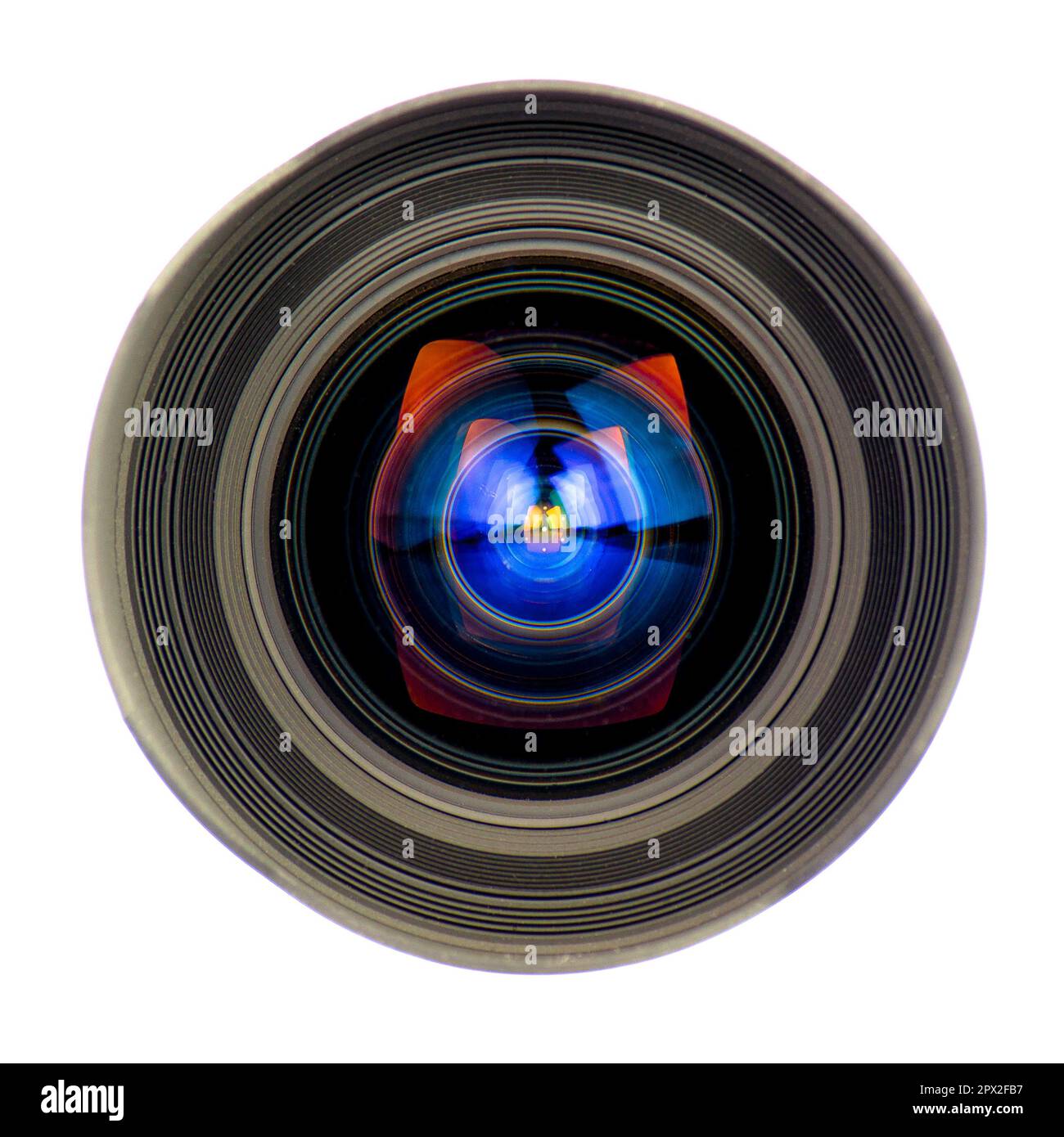 Close up of the front lens of a film or photo lens with the colorful ...