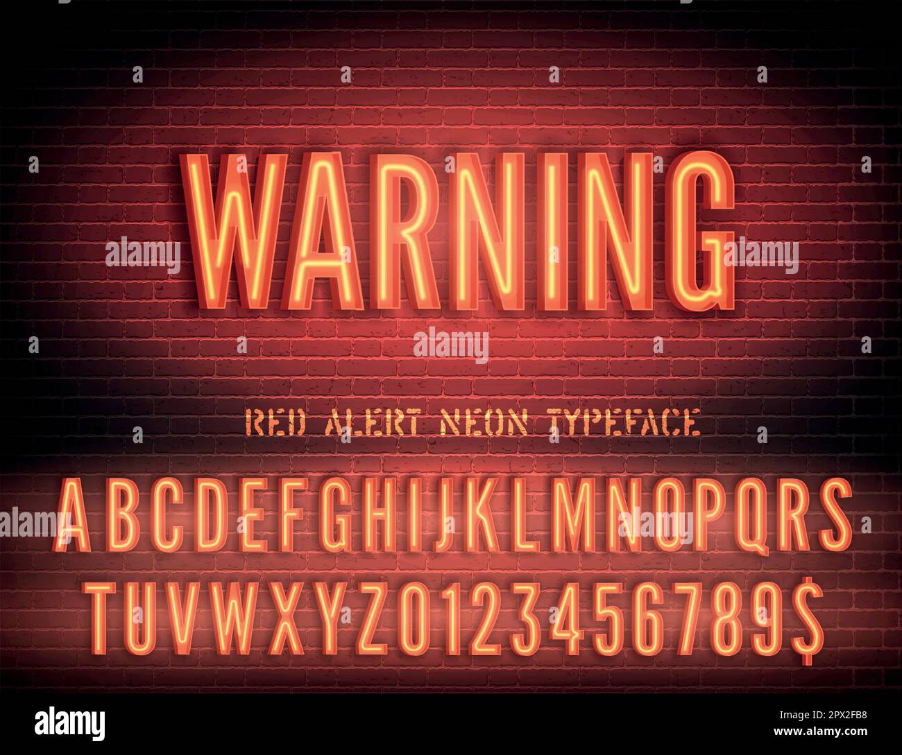 Soviet night light glow font with numbers. Warning sign with red narrow ...