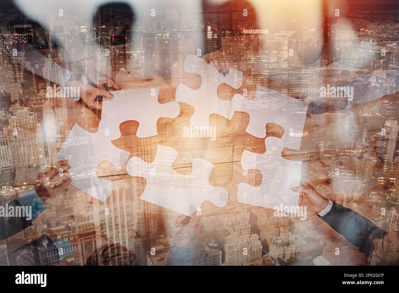 Business people connect puzzle pieces as integration and startup Stock ...