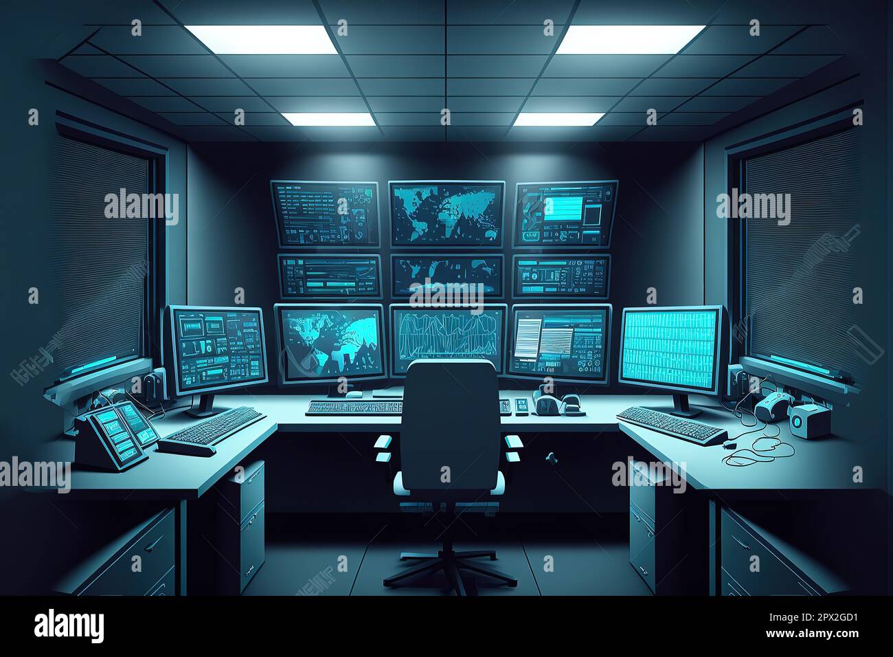 Empty interior of big modern security system control room, workstation ...