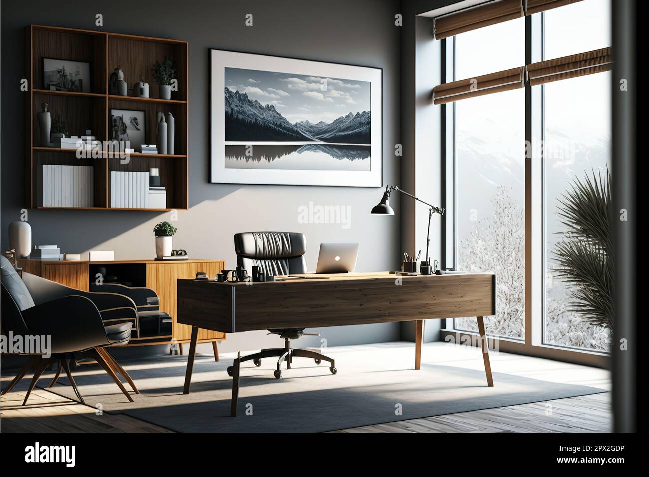 Front view of a sunlit CEO office with wooden furniture, large ...